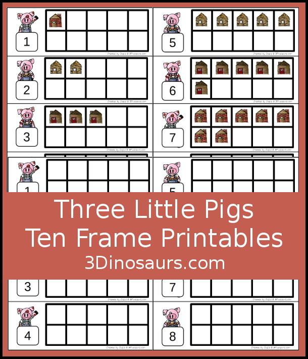 Free 3 Little Pigs Ten Frames: Numbers 1 to 10 – 3 Dinosaurs